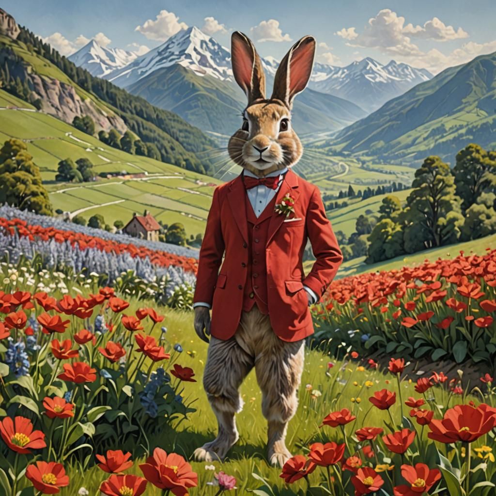 a gentleman rabbit wearing a red suit standing in a field of flowers ...