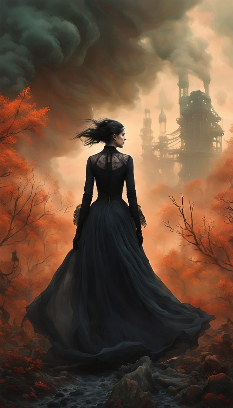 Surreal Goth Fashion Model in Muted, Foggy Vortex - AI Art