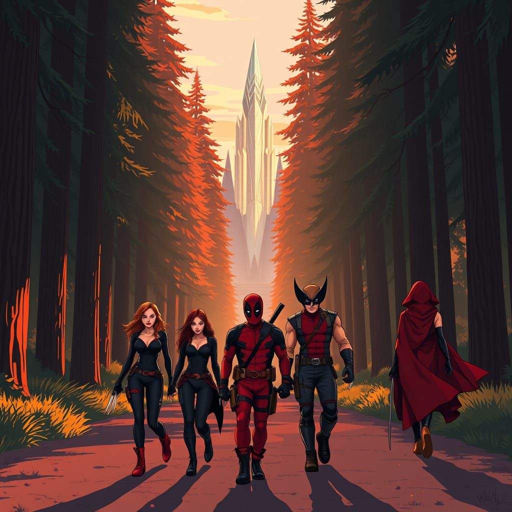 Deadpool and Friends Stroll Through Redwood Forest... - AI Art