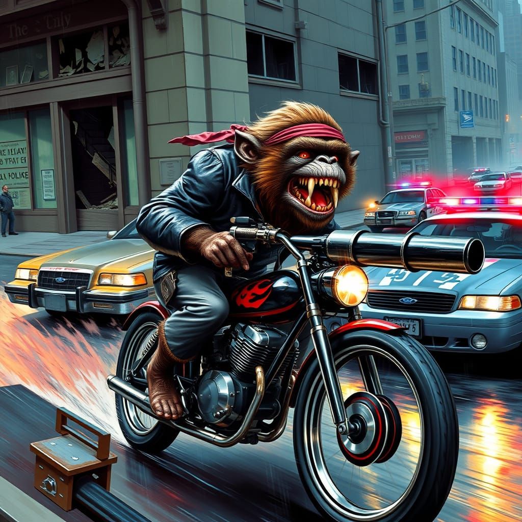 Menacing Monkey on High-Speed Chase Through City S... - AI Art