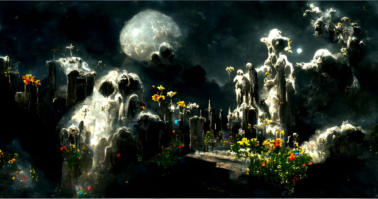 ancient ghosts hovering in a graveyard; shadow depth, colourful flowers ...