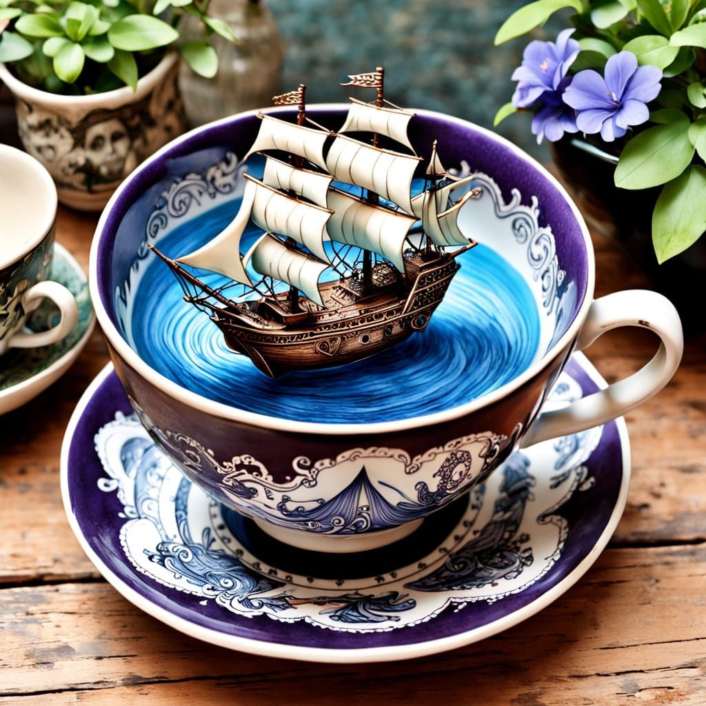 Galleon in a Teacup with Blue Pencil XL