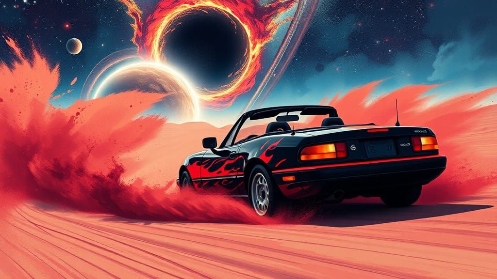 Surreal Cosmic Mazda Miata Drifts in Swirling Dese... - AI Art