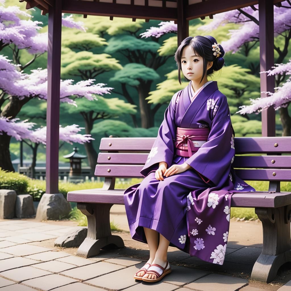 Pretty little Murasaki in violet kimono, sitting on a bench. Park ...