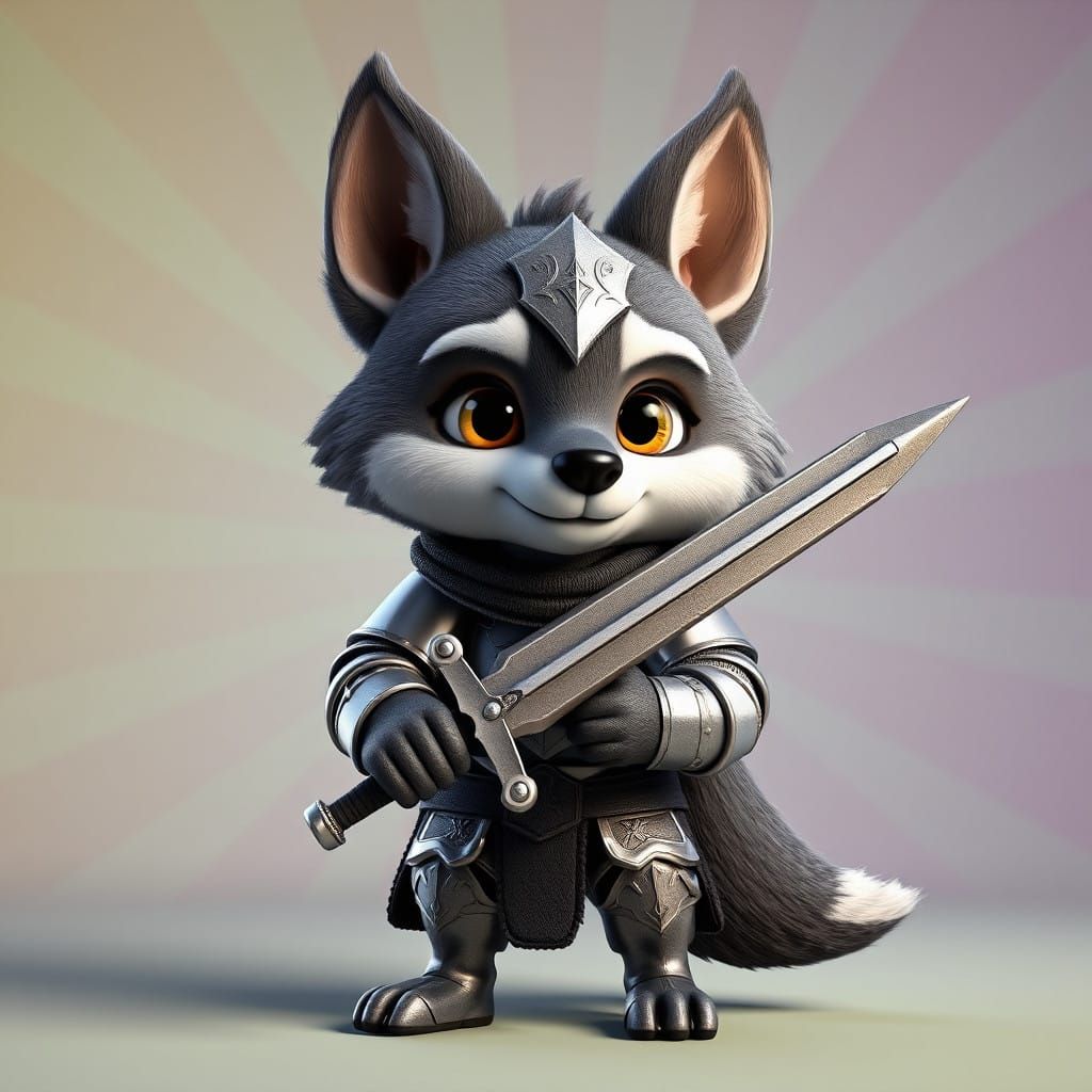 Cute Knight Wolf Wields Sword with Brave Determina... - AI Art