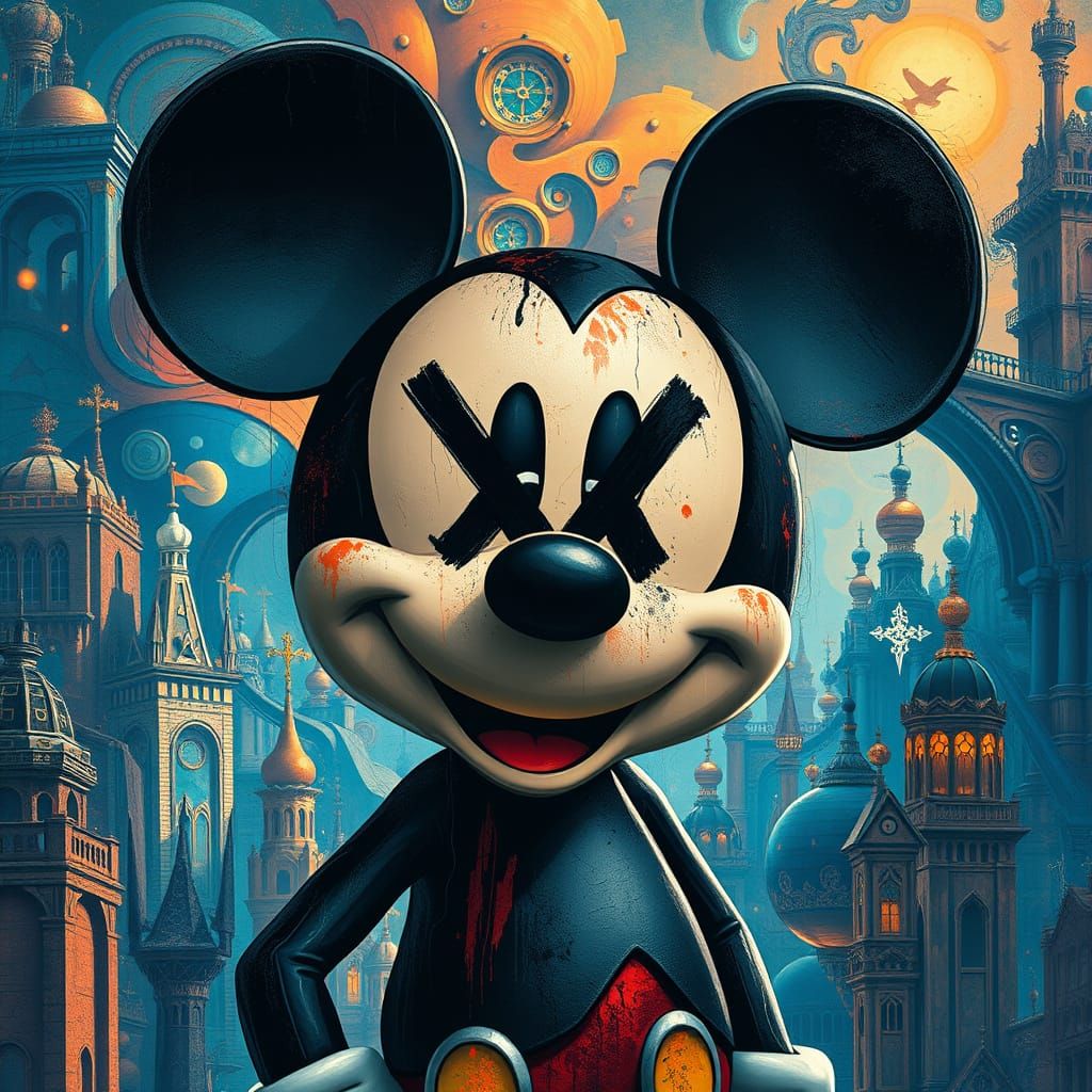 Graffiti Mickey Mouse in Urban Cityscape with X's - AI Art