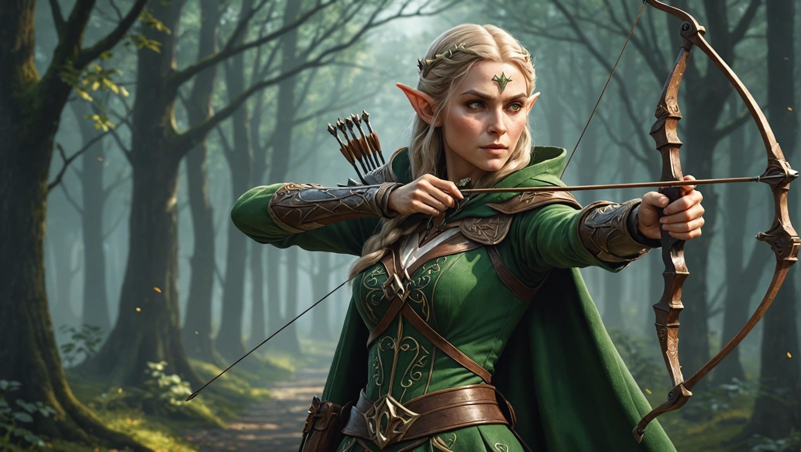 Dynamic illustrations of a pretty female elf in action of shooting an ...