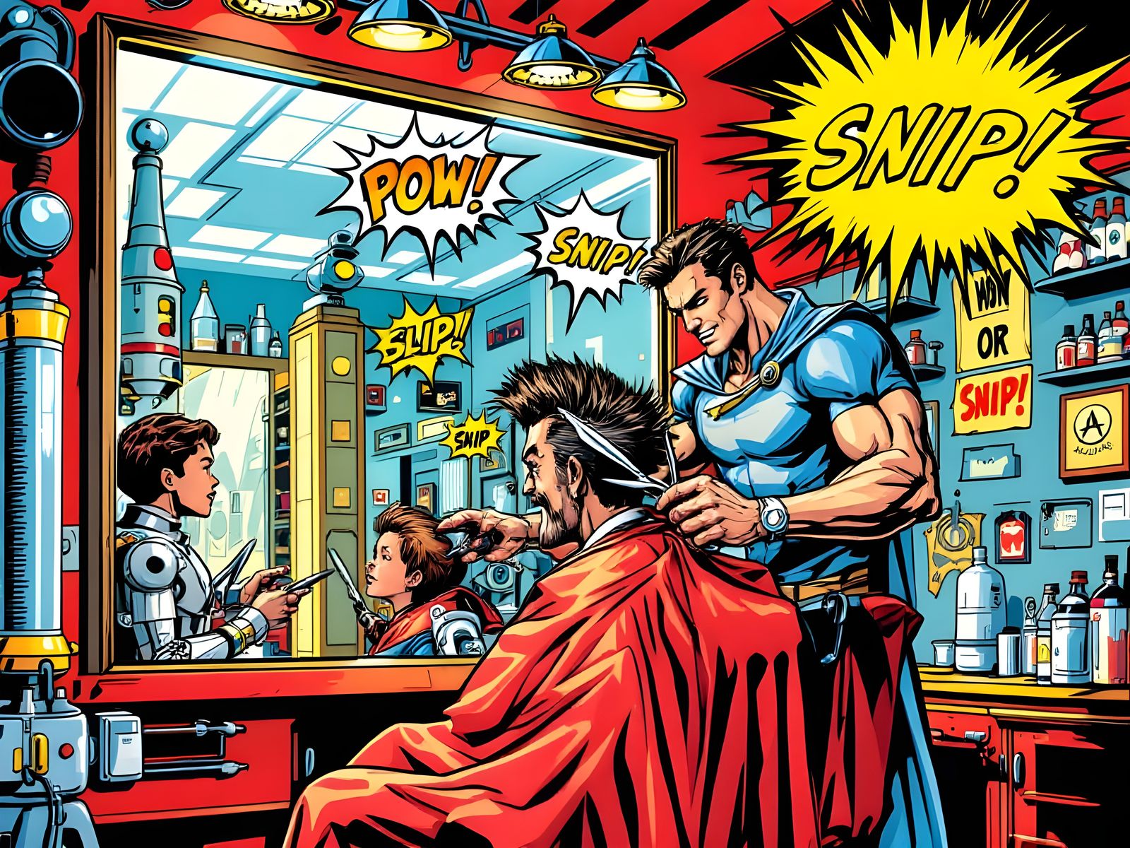 Vintage Comic Book Barber Shop Scene with Superher... - AI Art