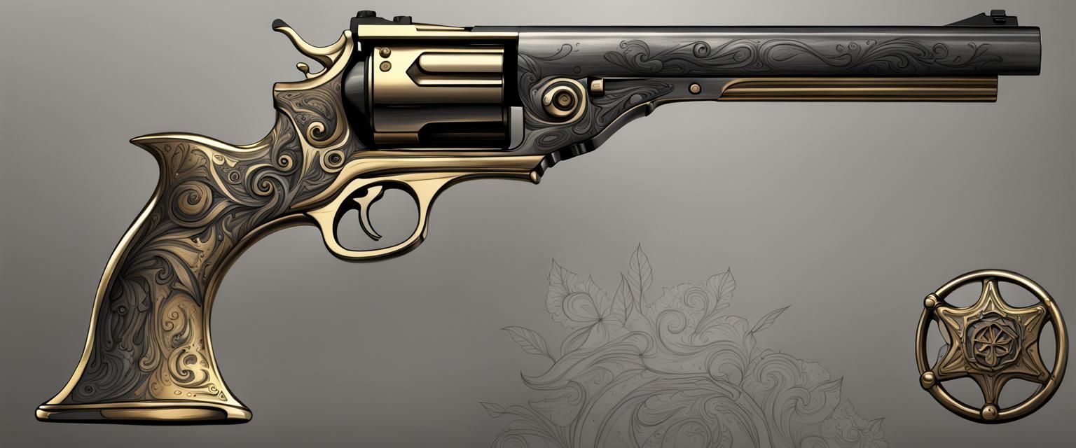 Revolver, gilded, magic, runes, hand drawn, high quality sketch ...