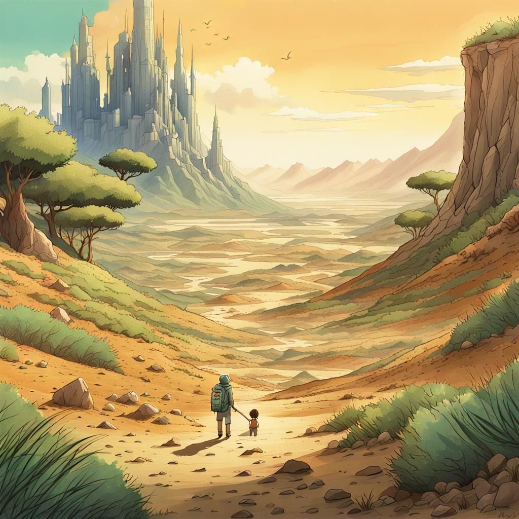 Barren Planet Landscape in Animated Watercolor Sty... - AI Art