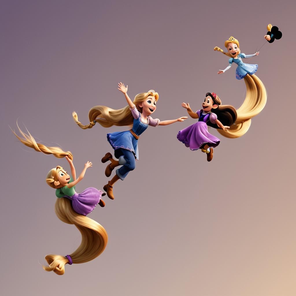 Rapunzel (long hair flying with wind) Donald, Mickey mouse, goofy ...