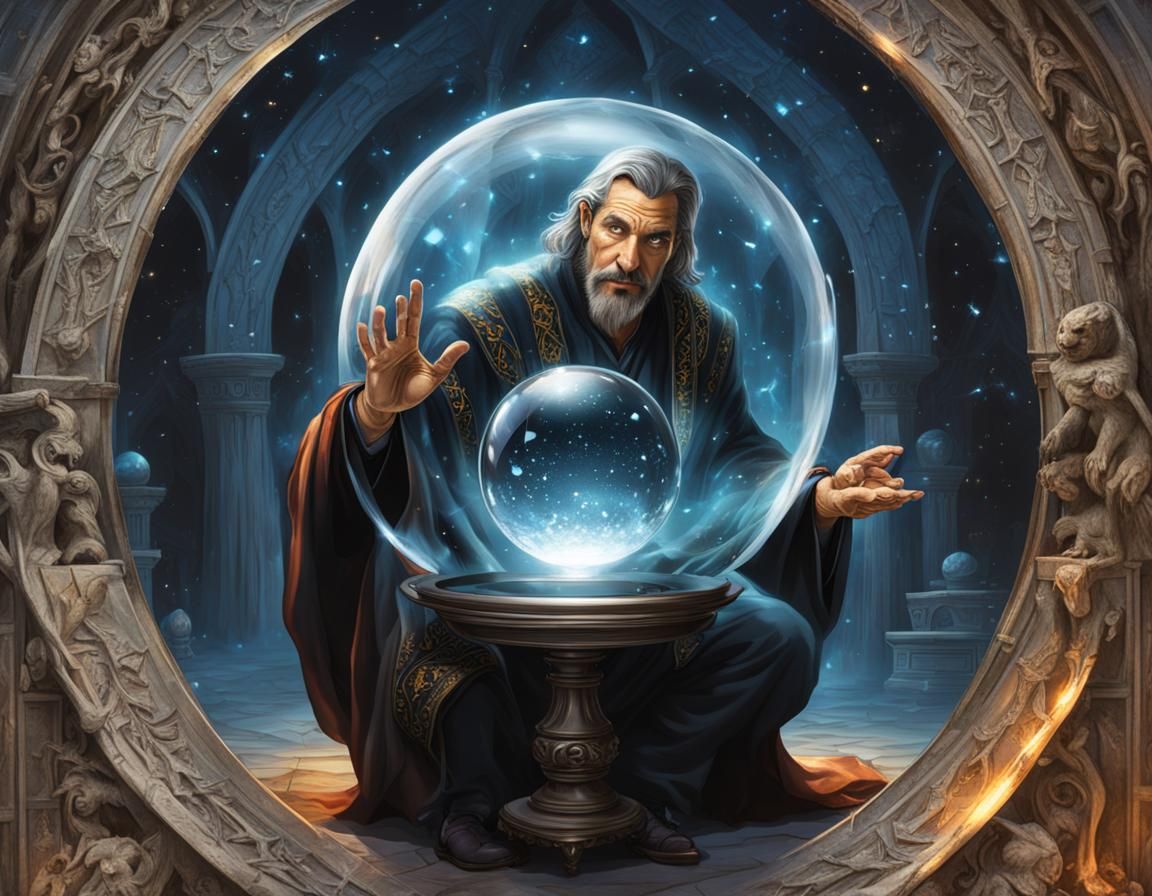 handsome male sorcerer peering into a crystal ball which reveals a ...
