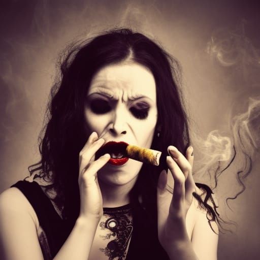 Woman necromancer screaming, eating lit cigarettes out of a bowl; witch ...