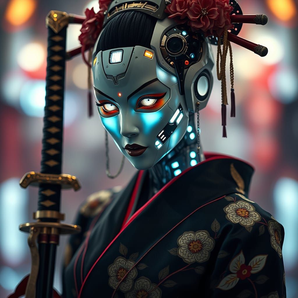 Cyberpunk Android Geisha Warrior with Katana - AI Art