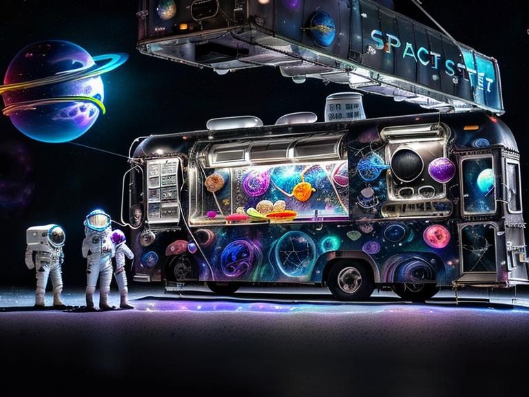 (Detailed space food-truck-ship:1.8): (floating in space:1.4): with a ...