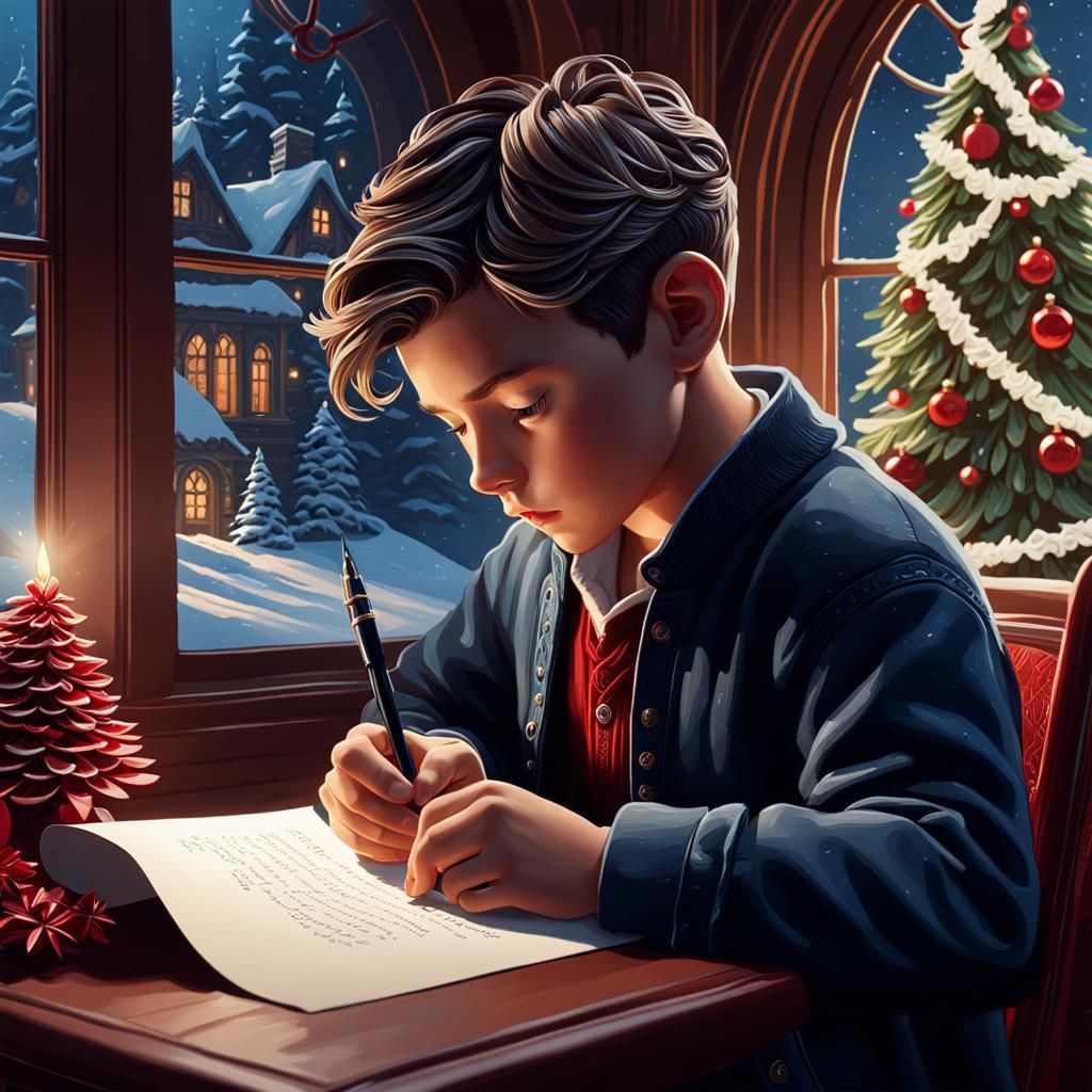 8k resolution, intricate details, a boy with a quilled pen writing a ...