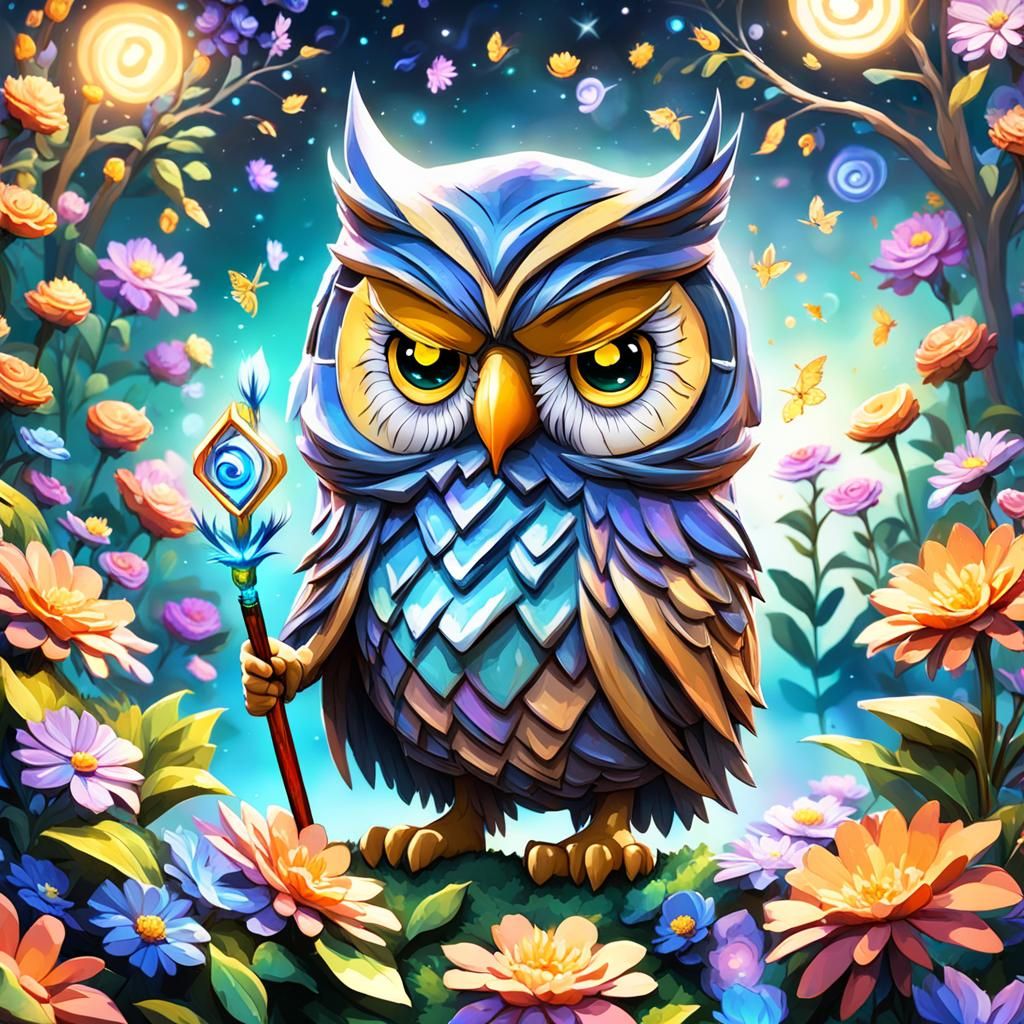Hppay Dreamy Chibi Wizard owl 3D character holding magic wand walking ...