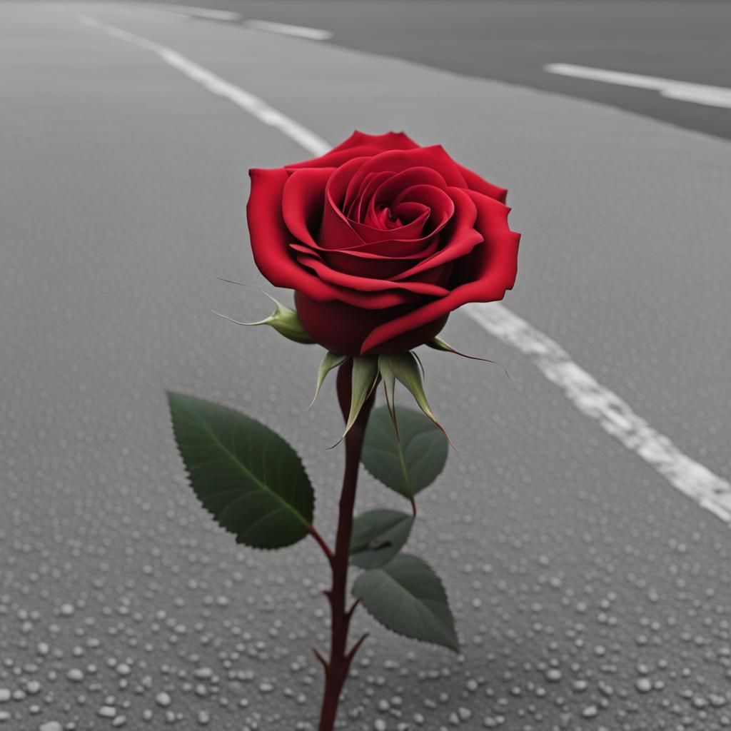 A single red rose lying in a grayscale street, 4k resolution, a ...