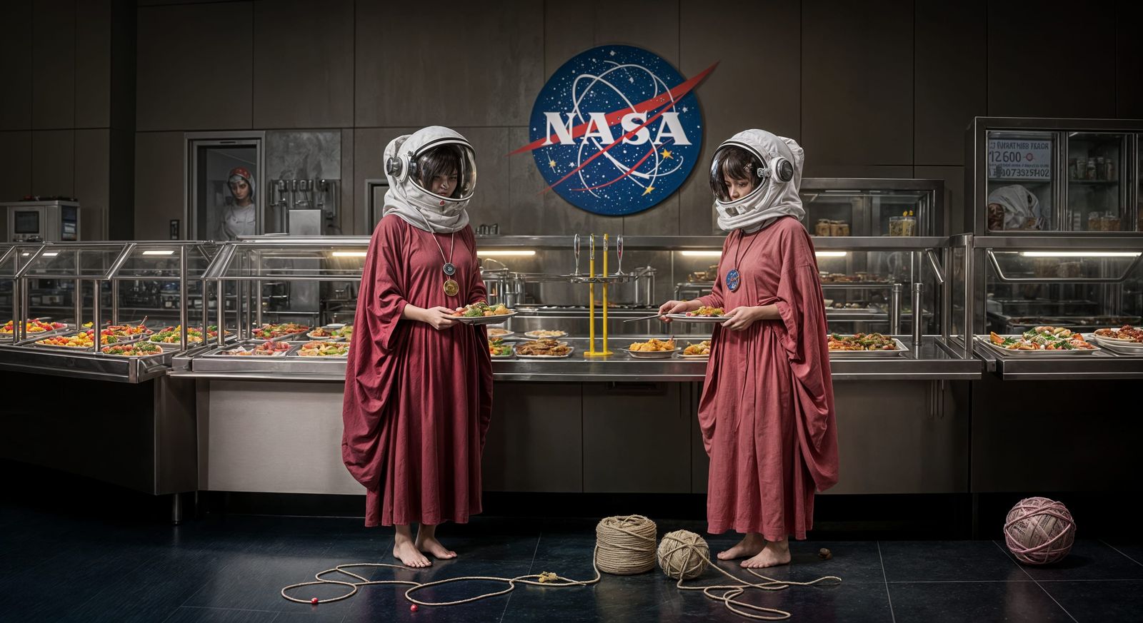 Two Druid priestesses at the buffet line at the NASA cafeteria.