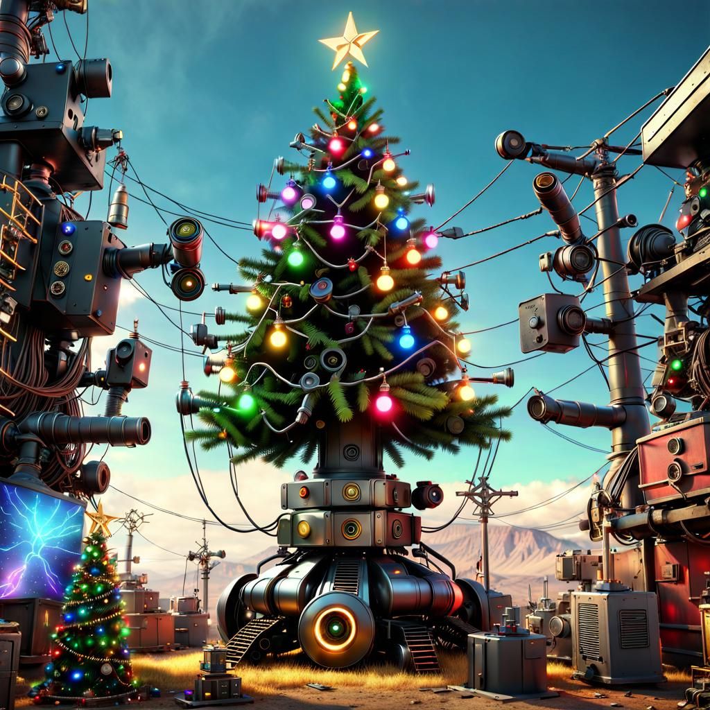 Christmas tree made of robot parts, mechanical cables, iphones ...