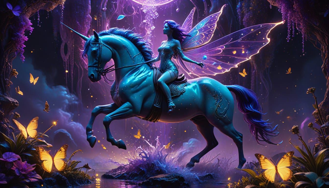 Dreamy Cosmic Fairy Rides Majestic Cyan Horse in V... - AI Art