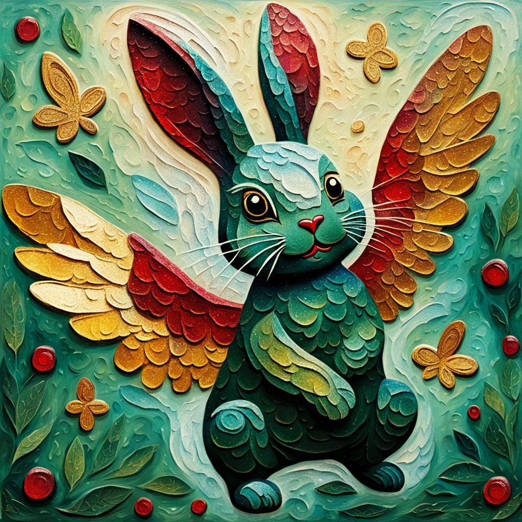 Rabbit with wings - Whimsical Winged Rabbit in Textured Impa...