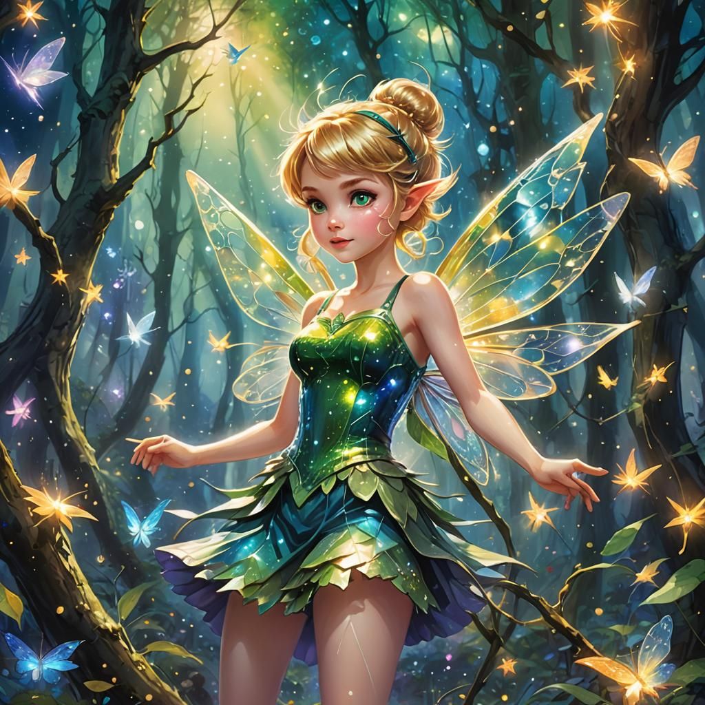 (cosmic Tinkerbell in the enchanted forest; sparkles:1.2);watercolor ...