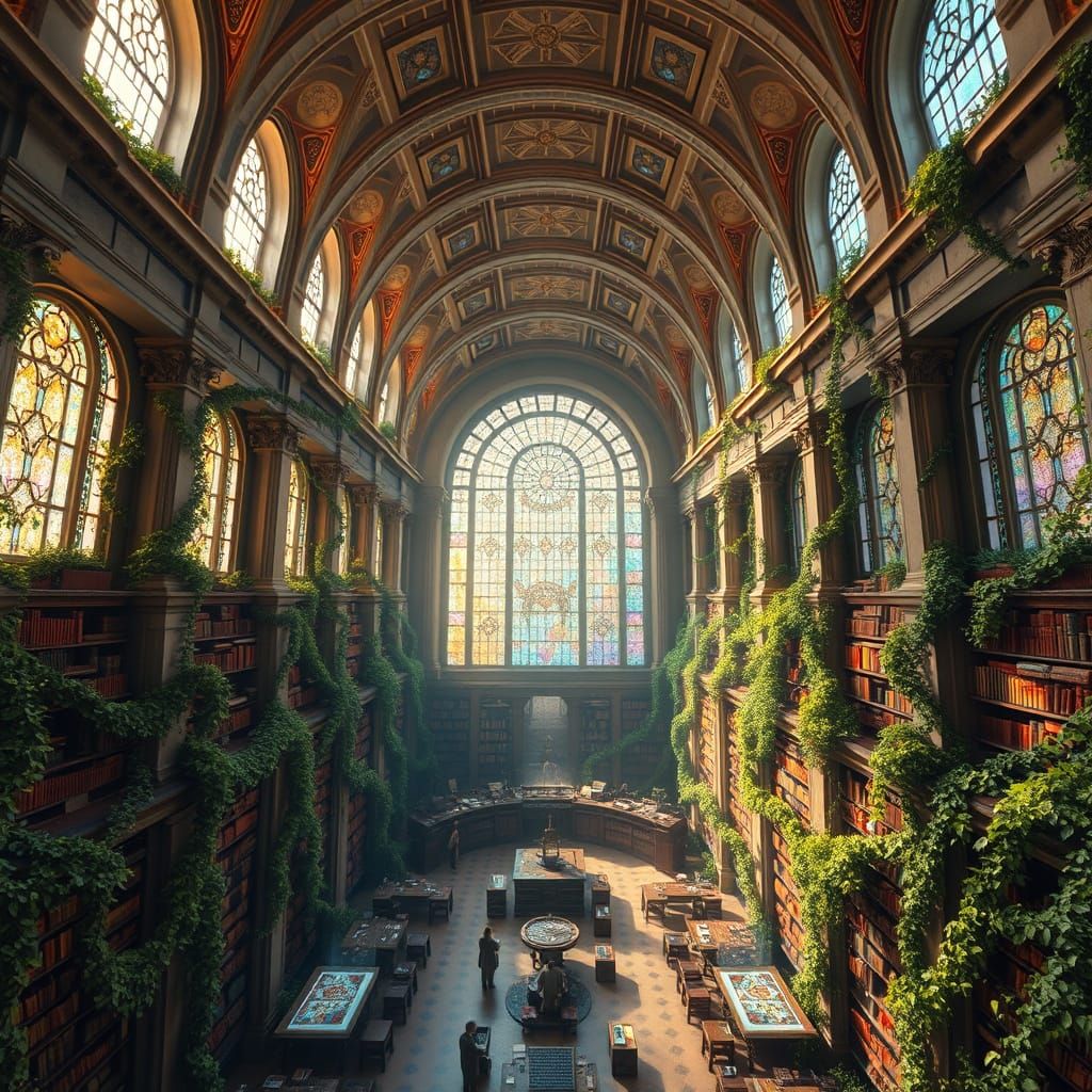 Natural Library - Cyberpunk Library Oasis in Ancient Splendo...