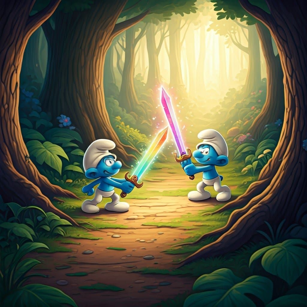 Smurfs Engage in Vibrant Rainbow Sword Battle in W... - AI Art