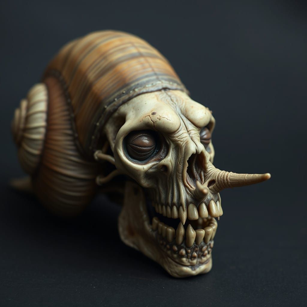 Grotesque Snail with Human Skull Remnants in Decay... - AI Art