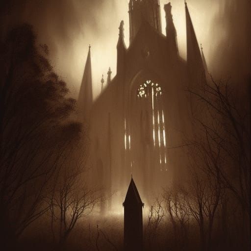 Gothic church, dark, haunted, ghostly scenery, torches, open windows ...