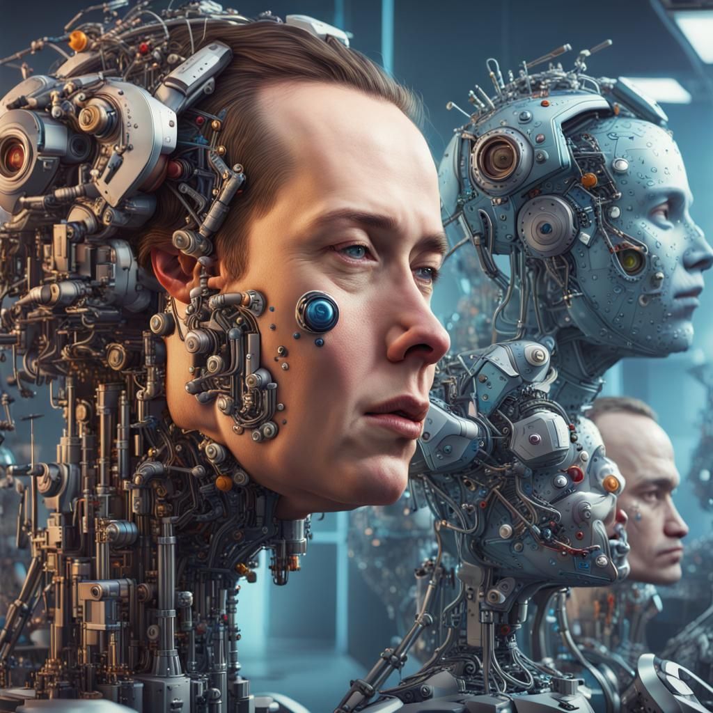 in a laboratory, scientist creates numerous robots. Detailed facial ...