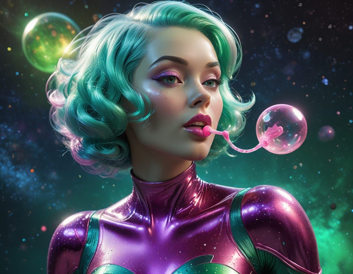 Glamorous Alien Siren Blows Pink Bubble Gum in Ret... - AI Art