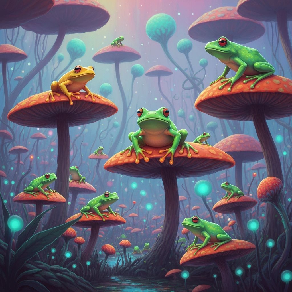 Psychedelic Frogs on Bioluminescent Mushrooms - AI Art