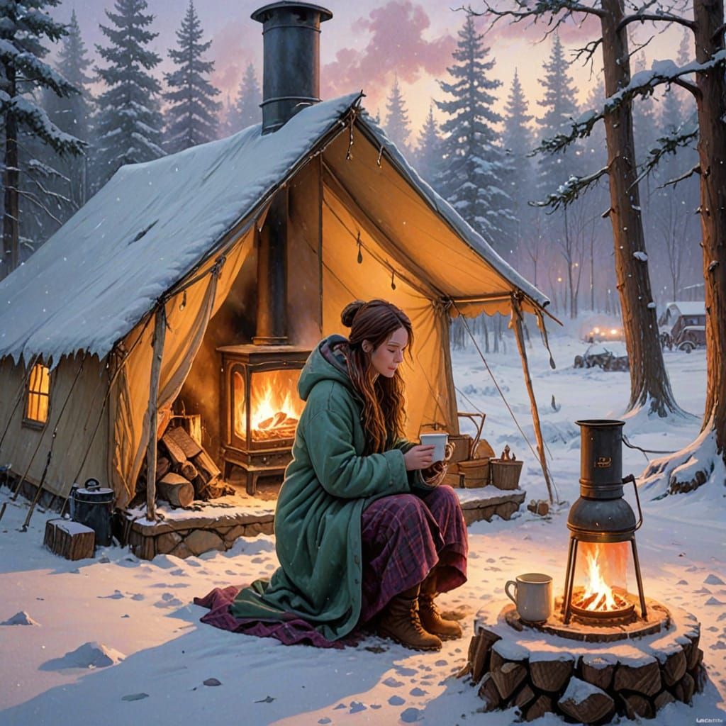 Watercolor alcohol ink, winter tent camping, glowing woodstove with ...