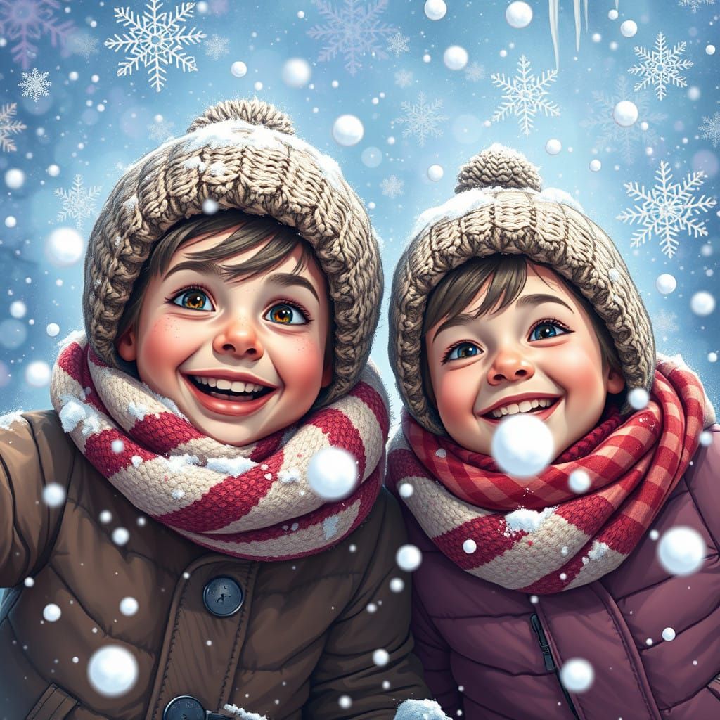 Two cool kids playing in the snow Hyperrealistic, splash art, concept ...