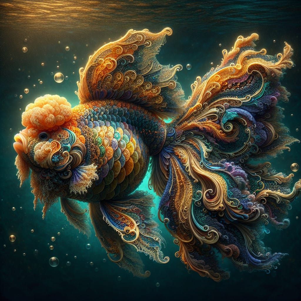 A stylized, ornate fish, likely a goldfish, is the central subject. Its ...