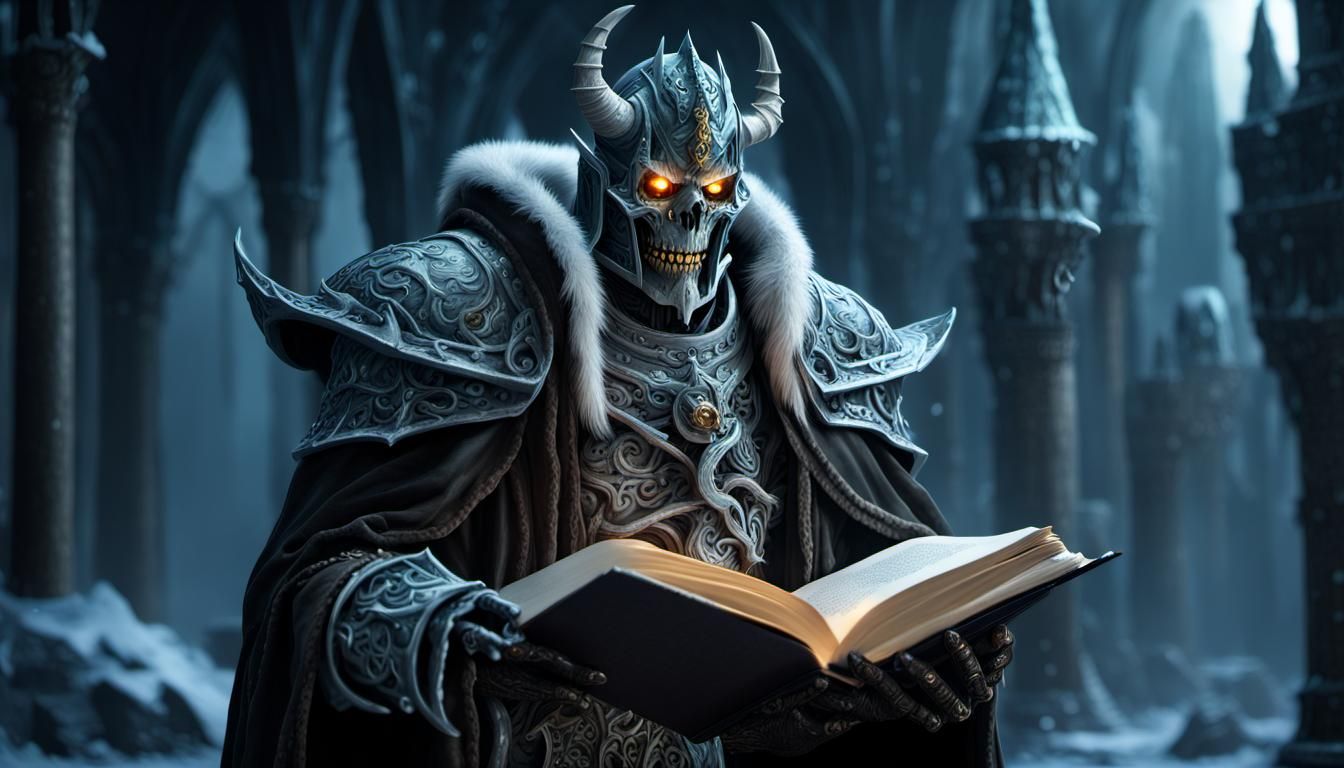 The lich king with glowing eyes holdin a book of darksness, in a ...