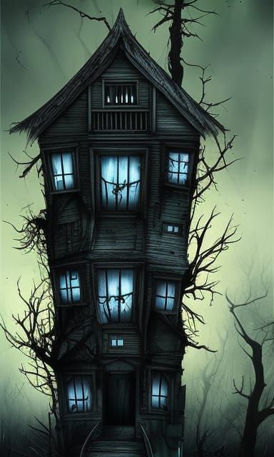 Creepy unusually tall narrow haunted house, background starry sky ...