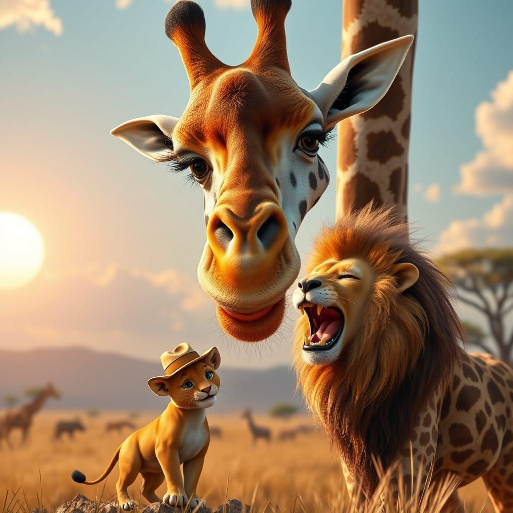 Boo - Giraffe Playfully Boos Adorable Baby Lion in Whimsical...