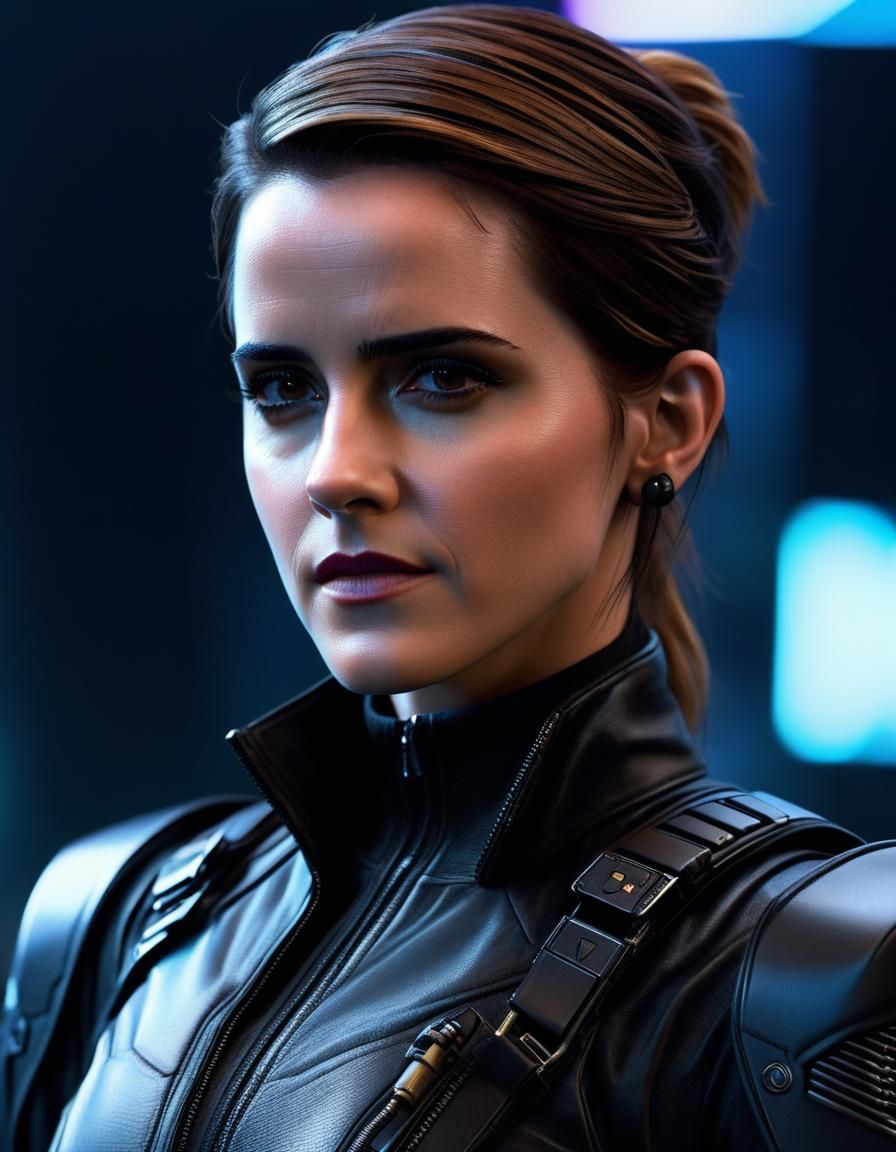 Emma Watson ultrarealistic face, 30 years, cyberpunk universe, leather ...