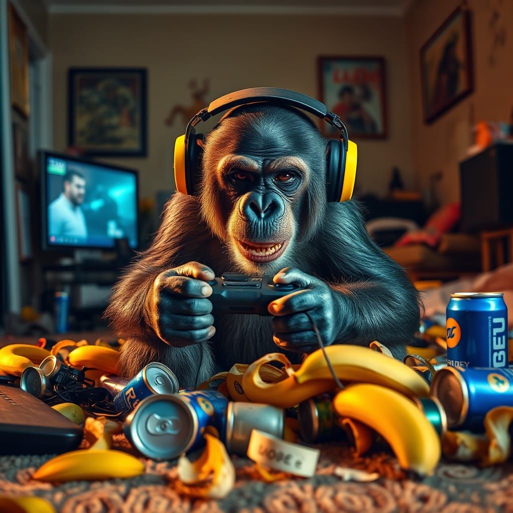 Comical Chaos of a Furious Chimpanzee Gamer - AI Art
