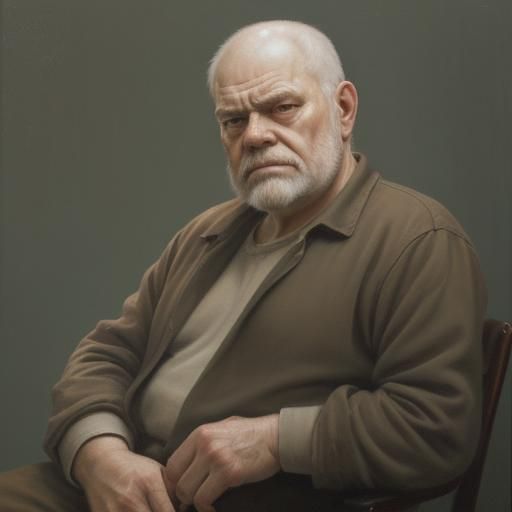 Realistic oil painting of a grumpy man in a seated pose, slightly off ...