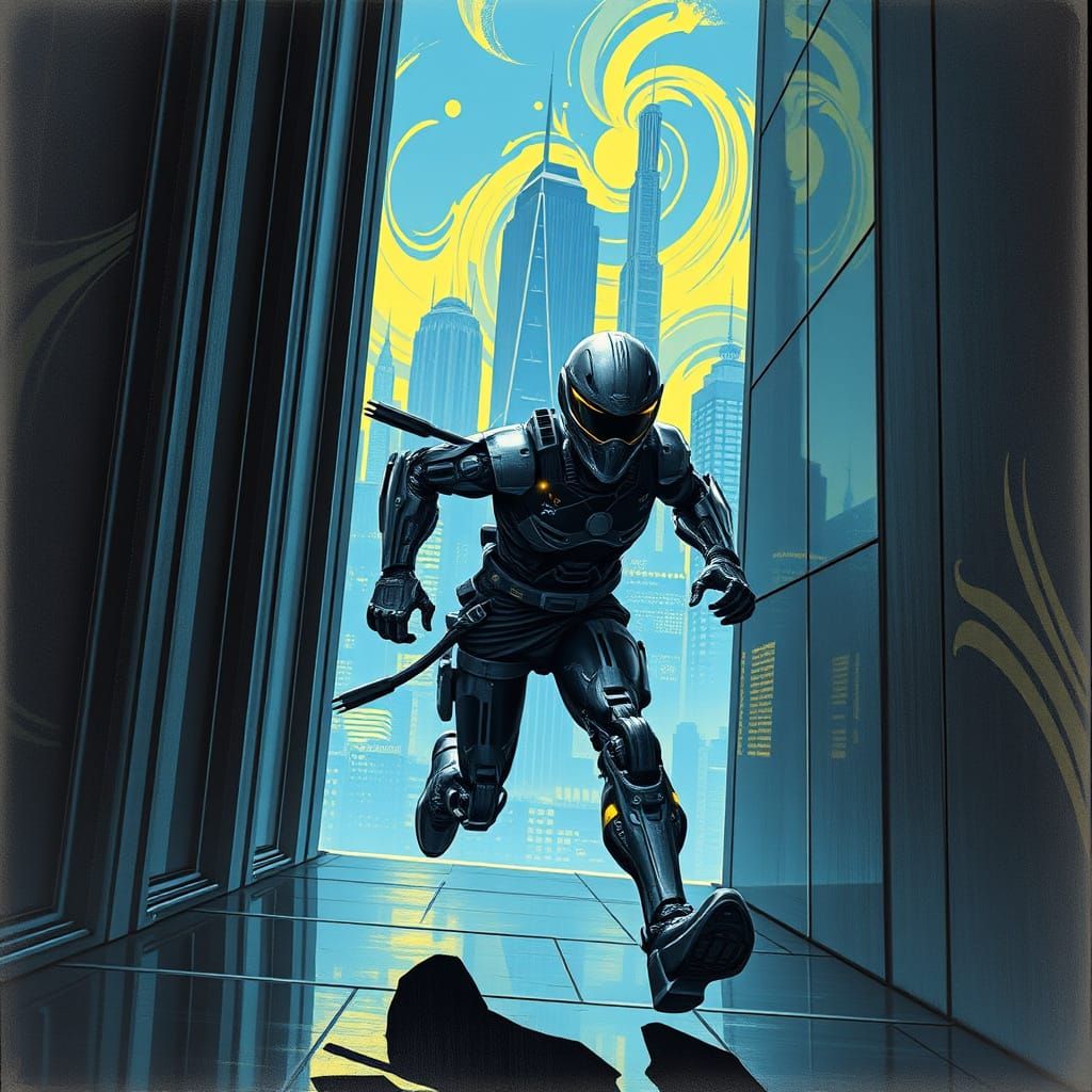 Cybernetic Ninja in Futuristic Skyscraper - AI Art