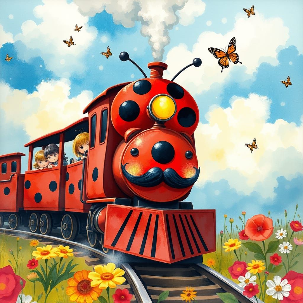 Cartoon.The double exposition is a beautiful fairy-tale ladybug train ...