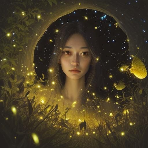 many fireflies revolve around a girl, a firefly lands on her nose, in ...