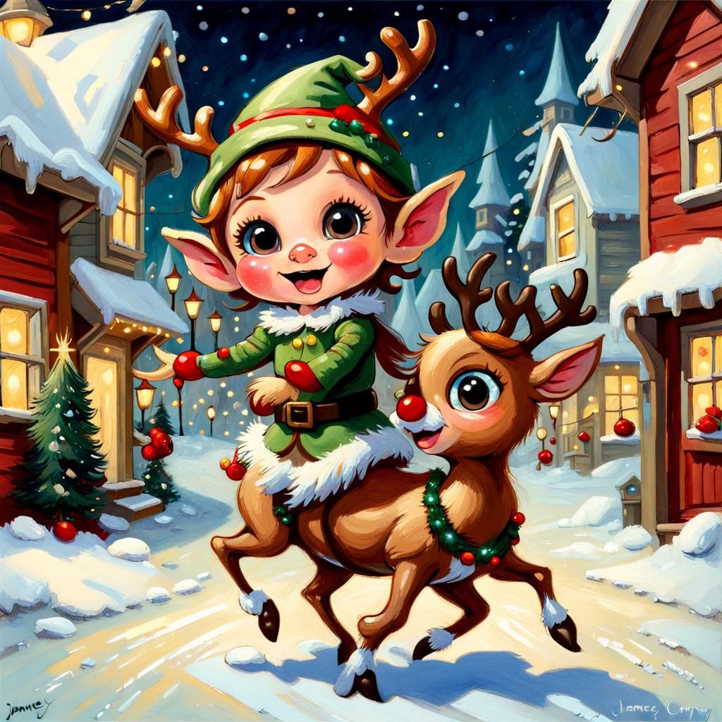 An Adorable happy chibi Christmas elf riding rudolph the red nose ...