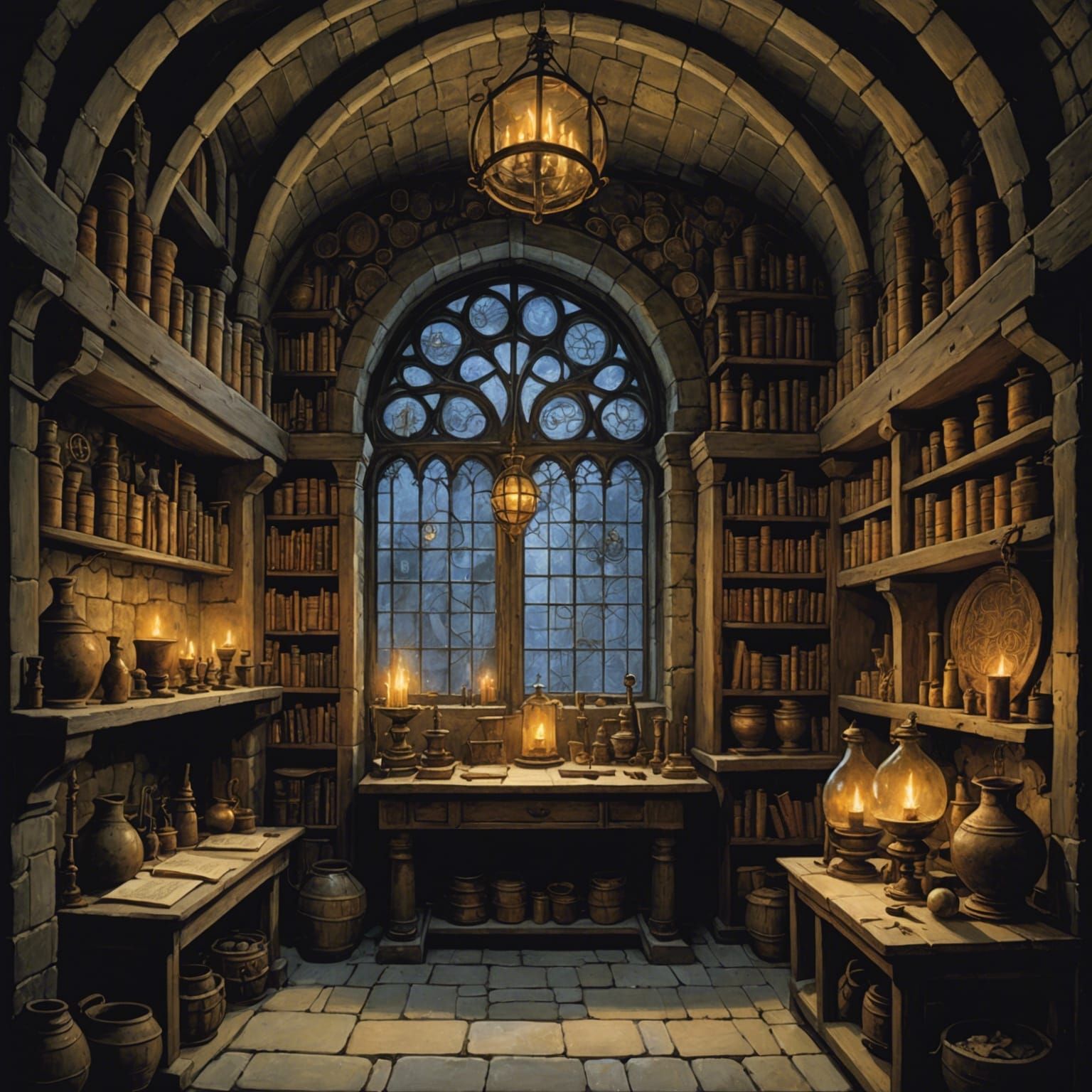 Art by Alan Lee, Ivan Bilibin, secluded alchemy lab in a medieval tower ...