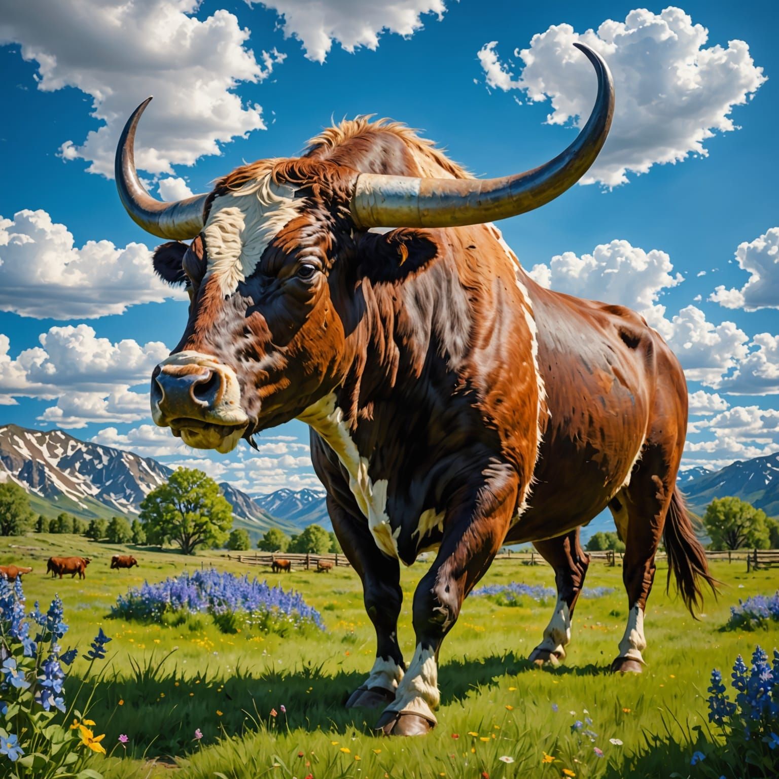 A rugged, muscular bull stands proudly in a lush, green meadow filled ...