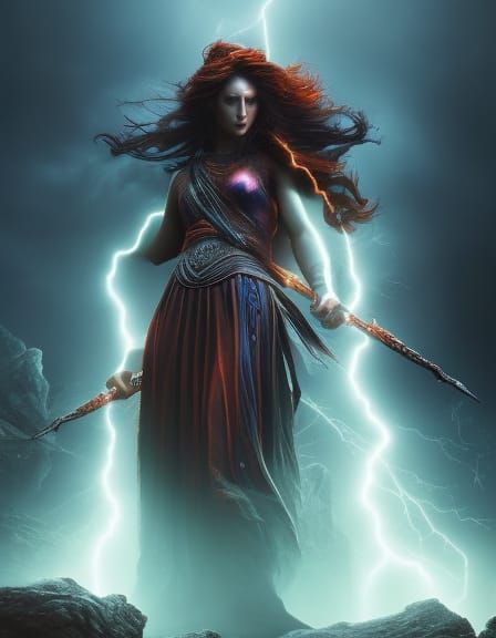 Goddess of the lightning storm, full body portrait of a mighty goddess ...